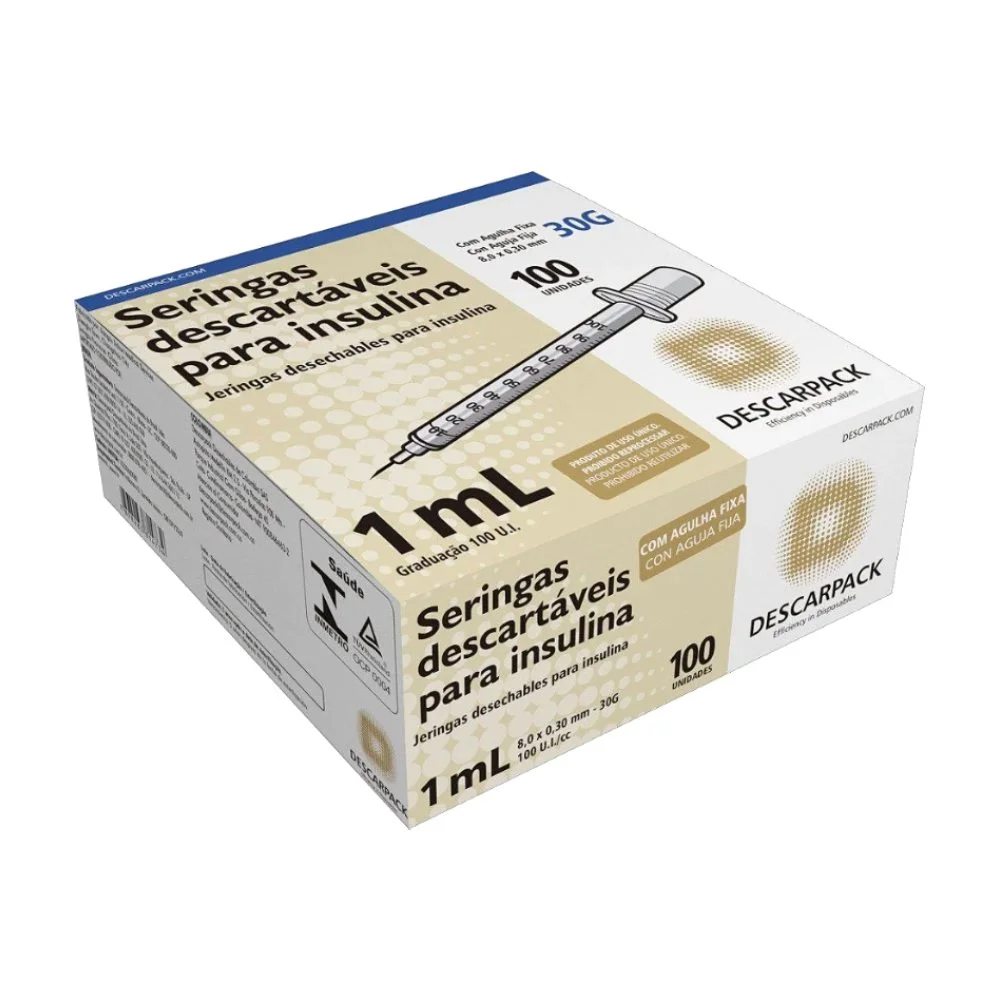 Seringa de insulina 1ml com agulha fixa 8,0 x 0,30mm 30g Descarpack com ...